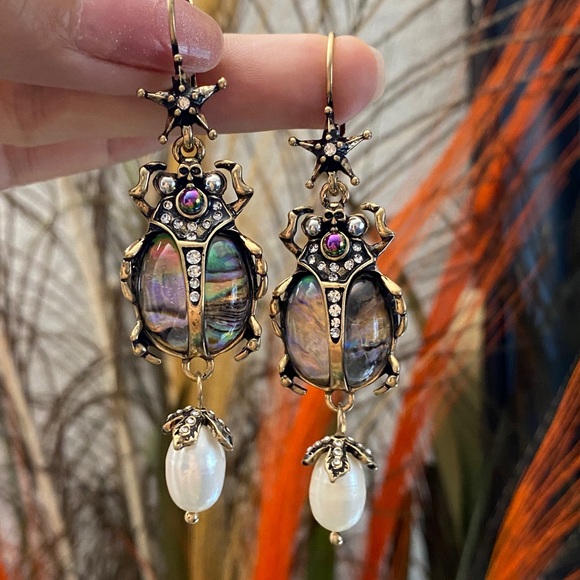 Jewelry | Vintage Green Beetle Bug High Quality Brass Crystal Pearl ...